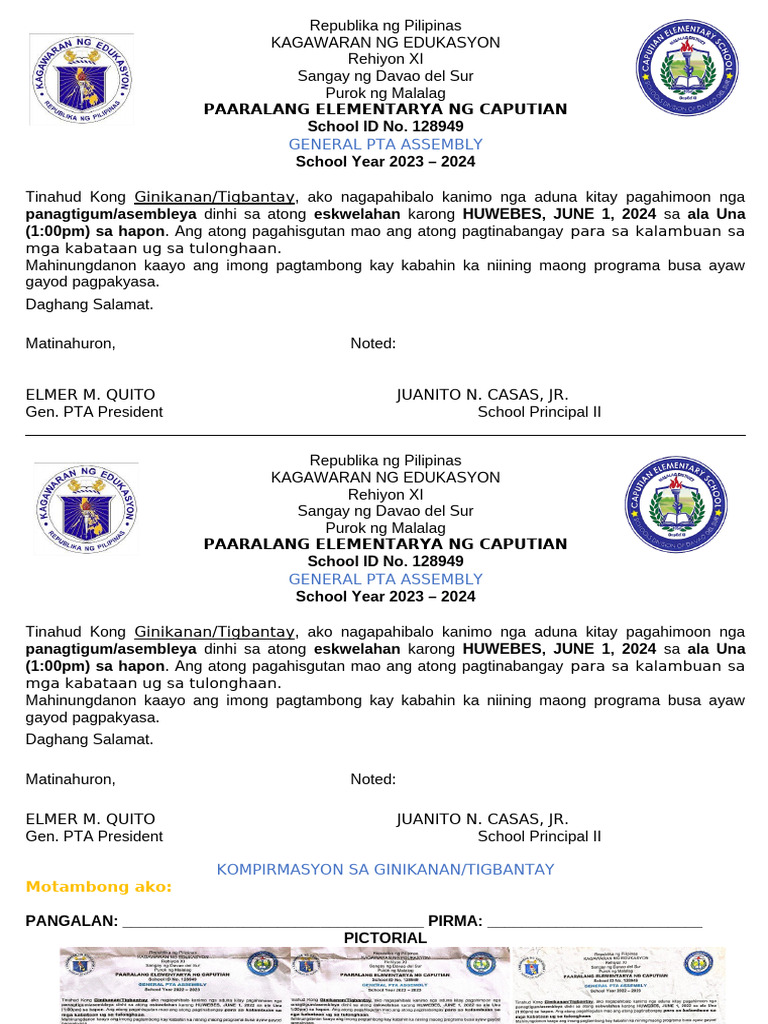 5.4 Letter To Parents Guardians For Pta Assembly | PDF