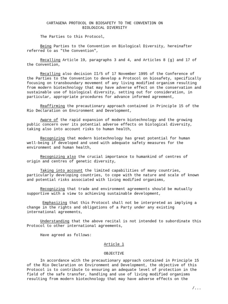 Cartagena Protocol On Biosafety To The Convention On Biologi | PDF | Treaty