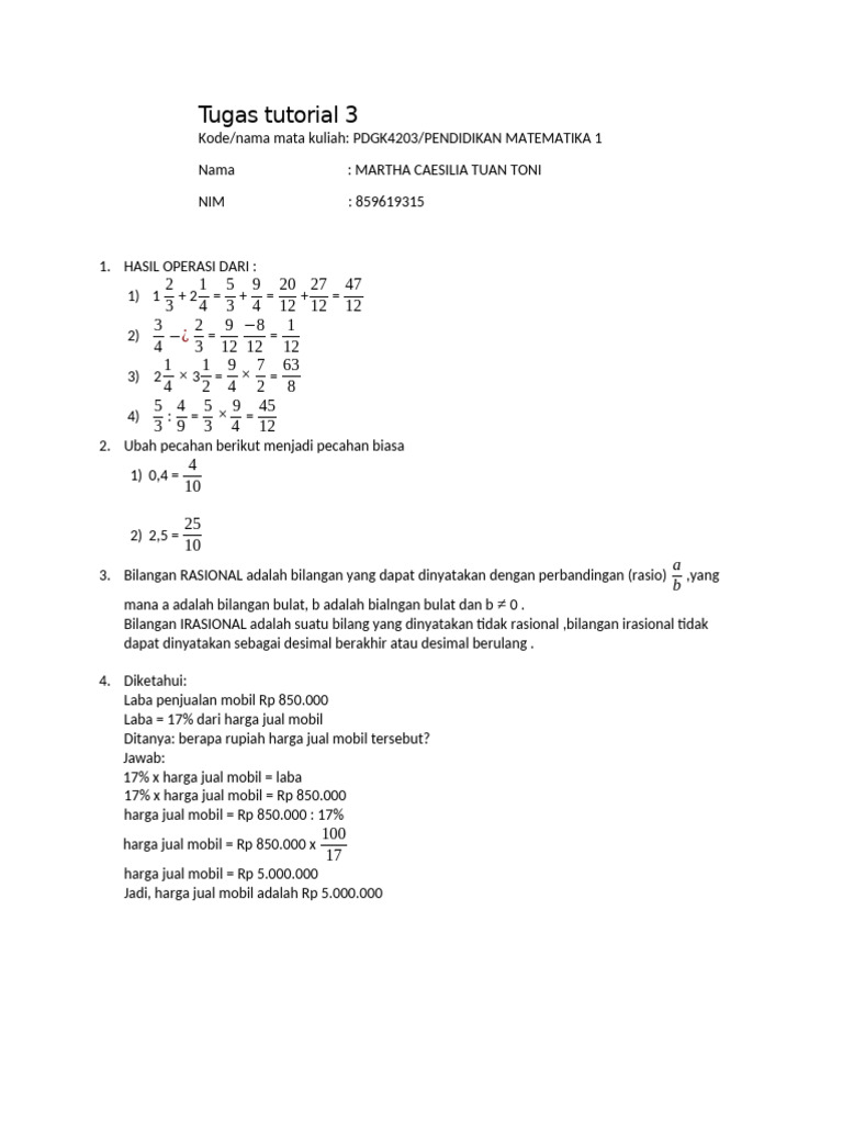 Tuga Tutorial 2 Pendidikan Dasar Matematika | PDF