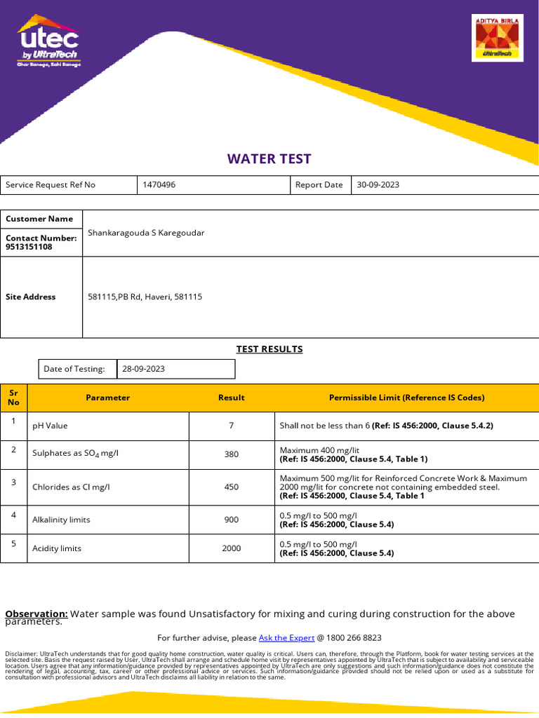 Water Quality Test Report | PDF