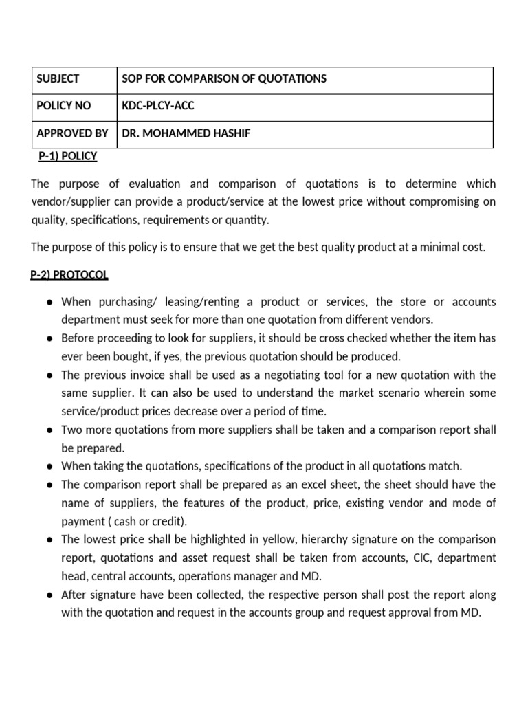 Quotation Comparison Guidelines | PDF | Prices | Economies