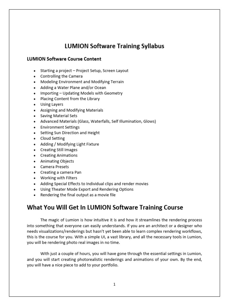 LUMION Software Training Course Content | PDF | Rendering (Computer Graphics) | Sketch Up