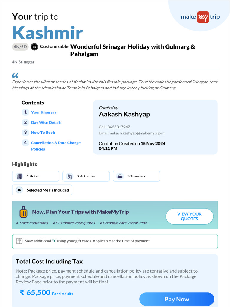 Wonderful Srinagar Holiday With Gulmarg & Pahalgam | PDF | Meal | Taxes