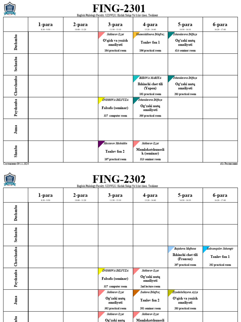 2-Kurs Kunduzgi Dars Jadvali. 11.11.2024 Dan Amalda | PDF