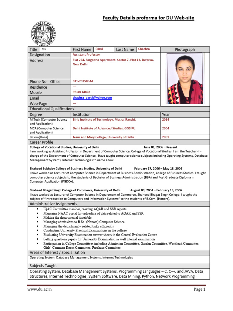 Faculty Details Proforma For DU Web-Site: WWW - Du.ac - in | PDF | Information Technology ...