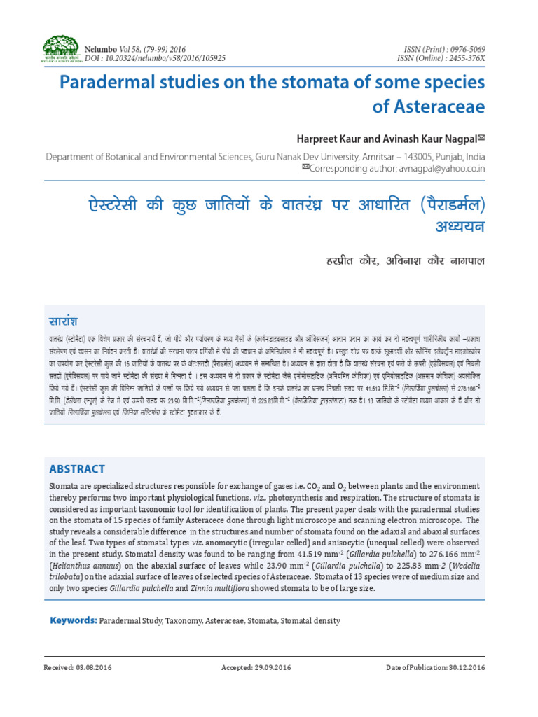 Paradermal Studies On The Stomata of Some Species of Asteraceae | PDF ...