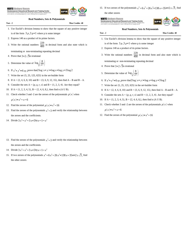 Test-2 Real Numbers, Sets and Polynomials | PDF | Numbers | Zero Of A ...