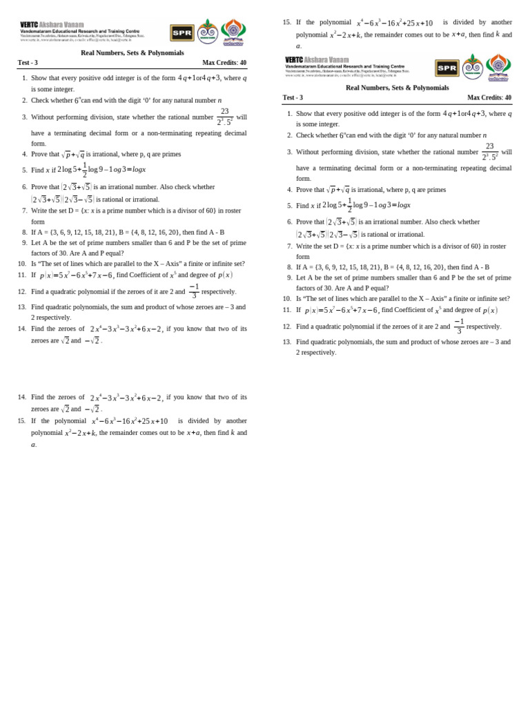 Test-3 Real Numbers, Sets and Polynomials | PDF | Numbers | Factorization