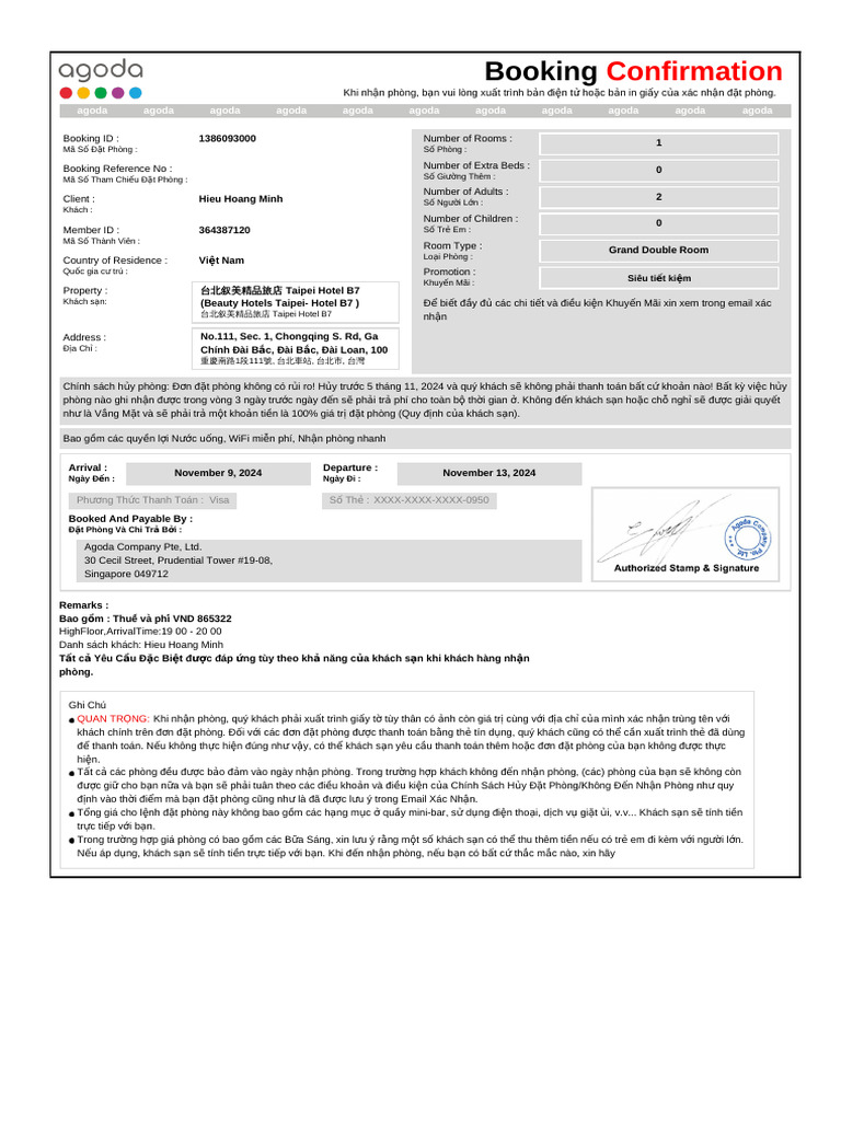 Confirmation For Booking ID # 1386093000 | PDF