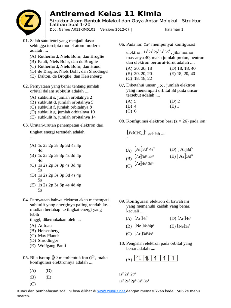 Soal Spu Konfigurasi Elektron, Bilkuantum, Struktur Atom Kelas Xi K13 ...