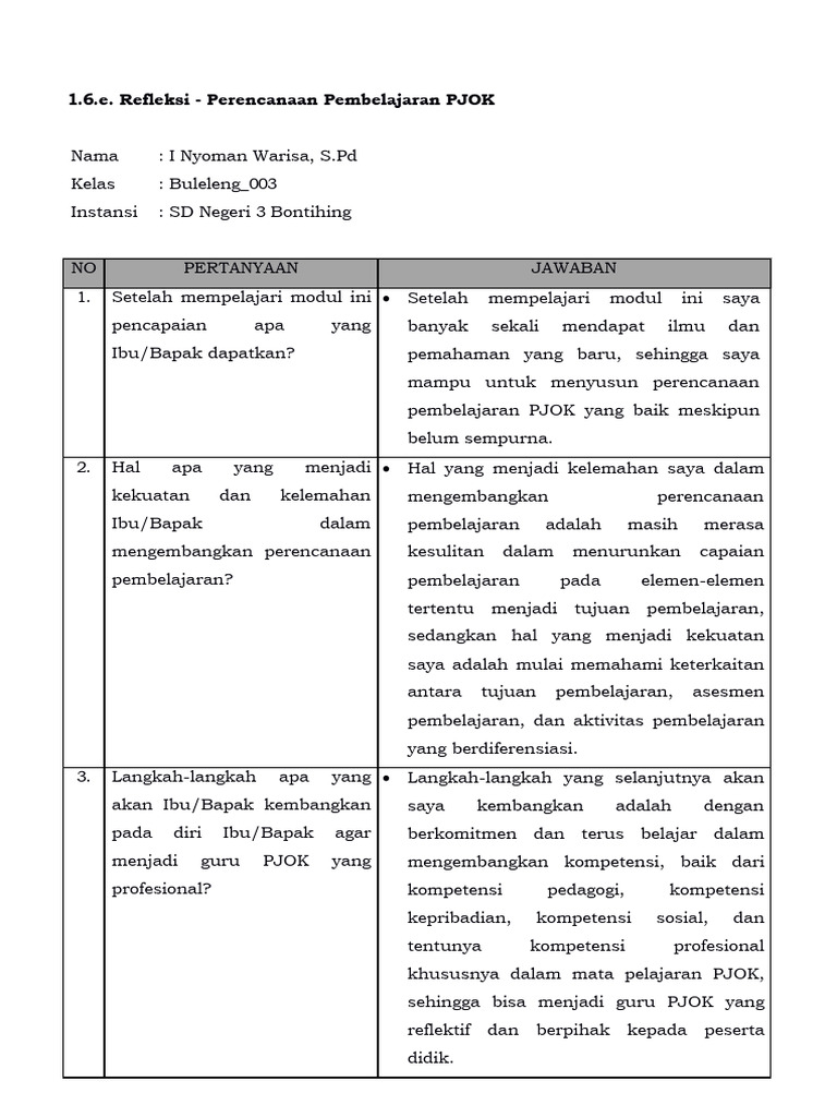 Refleksi Perencanaan Pembelajaran PJOK | PDF | Karier & Perkembangan