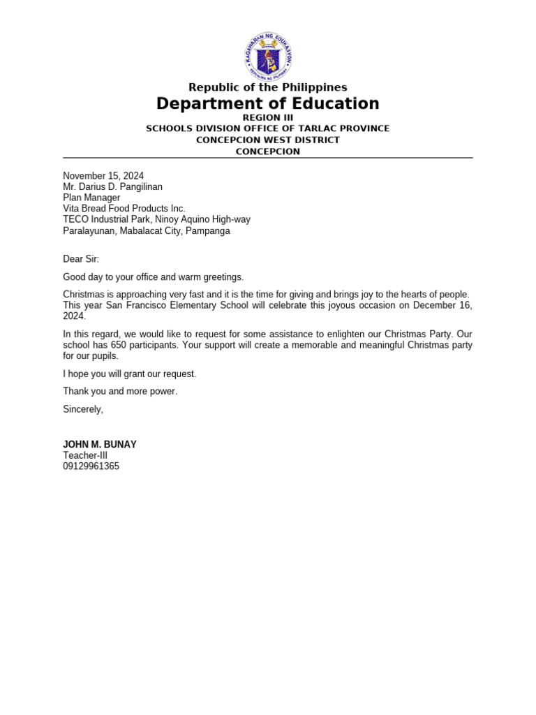 Christmas Party Support Request Letter | PDF