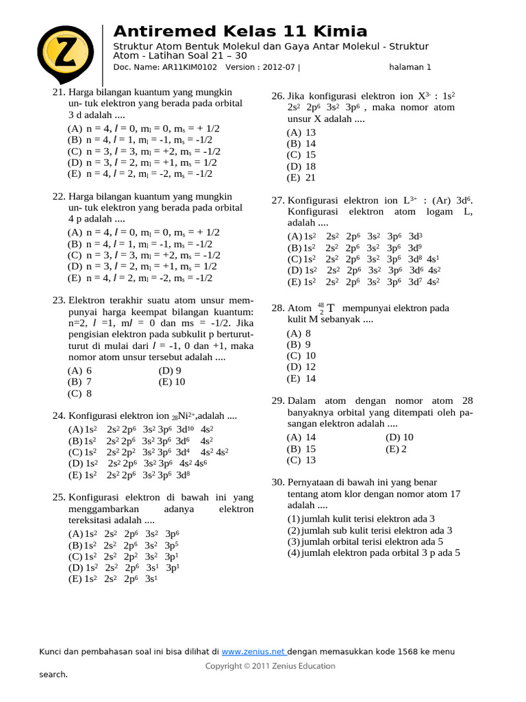 Soal Spu Konfigurasi Elektron, Bilkuantum, Struktur Atom Kelas Xi K13 Zenius Part 2 | PDF