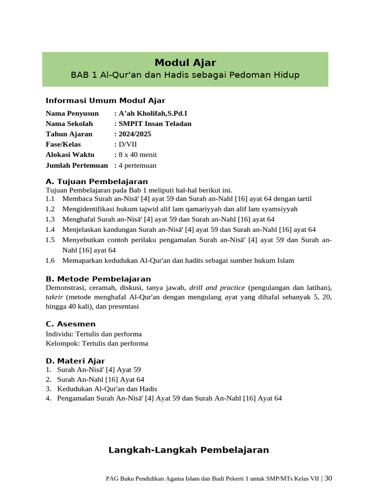 Modul Ajar PAIBP Kelas 7 BAB 1 | PDF