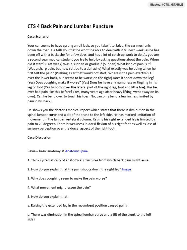 CTS 4 Back Pain and Lumbar Puncture | PDF | Nervous System | Medical Specialties