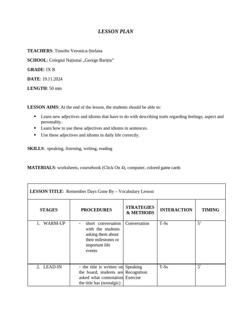 LESSON PLAN - Timofte Veronica Stefana 19.11 | PDF | Lesson Plan ...