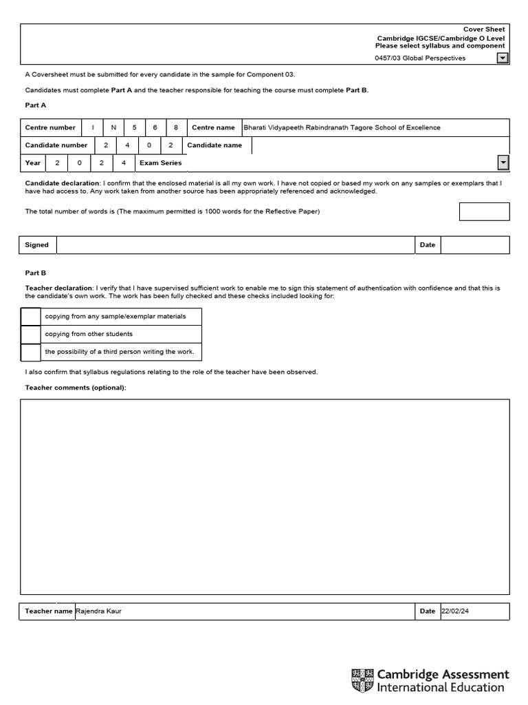 Cambridge IGCSE Cover Sheet Guide | PDF