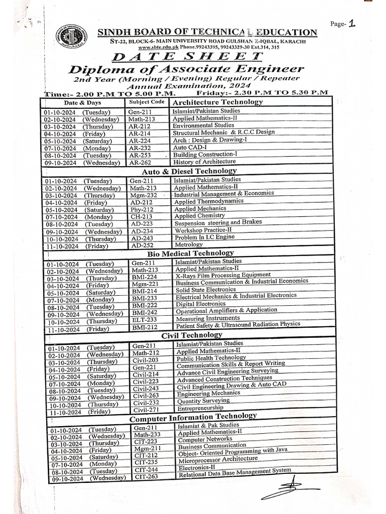 Date Sheet 2nd Year A - 2024 | PDF