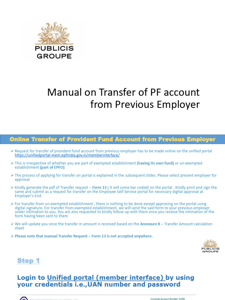 Manual On Transfer of PF Account From Previous Employer | PDF ...