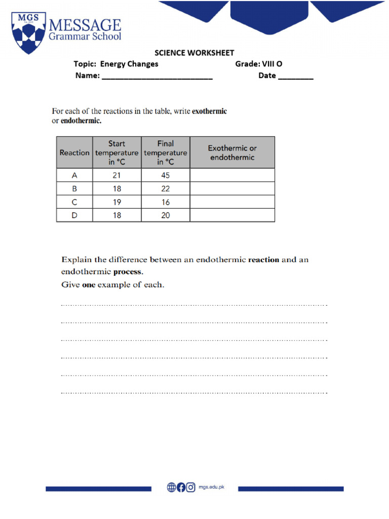 Energy Changes Worksheet for Grade VIII | PDF