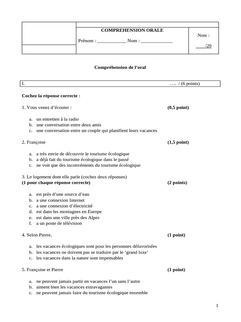 Compreehension Orale | PDF | Jeux et activités