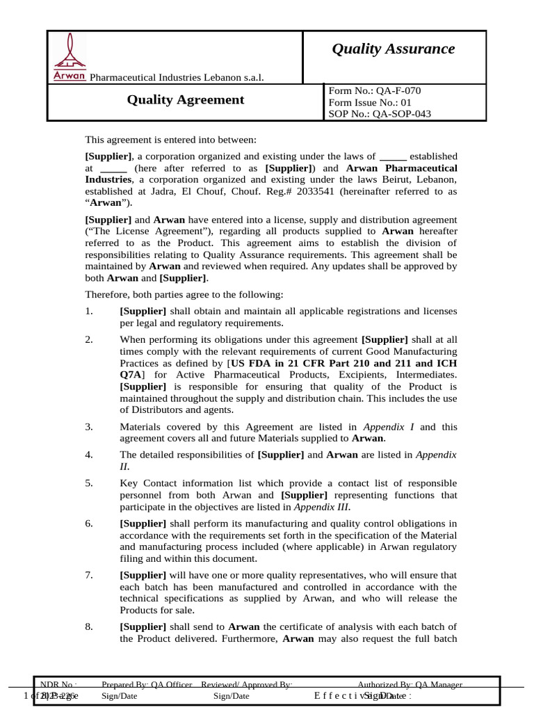 10 Quality Agreement | PDF | Specification (Technical Standard) | Quality Assurance