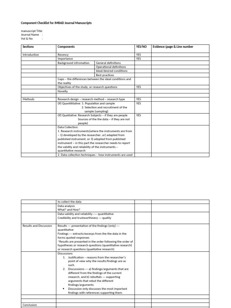Component Checklist For IMRAD Journal Manuscripts | PDF | Quantitative ...
