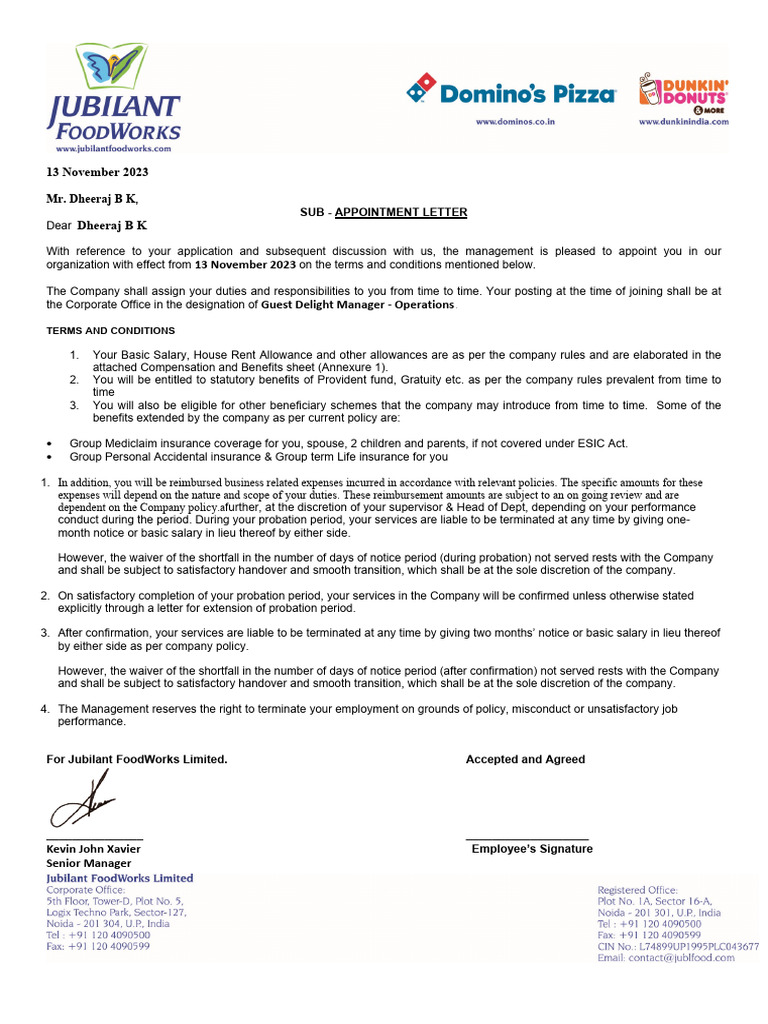Appointment Letter for Dheeraj B K | PDF | Employment | Insurance
