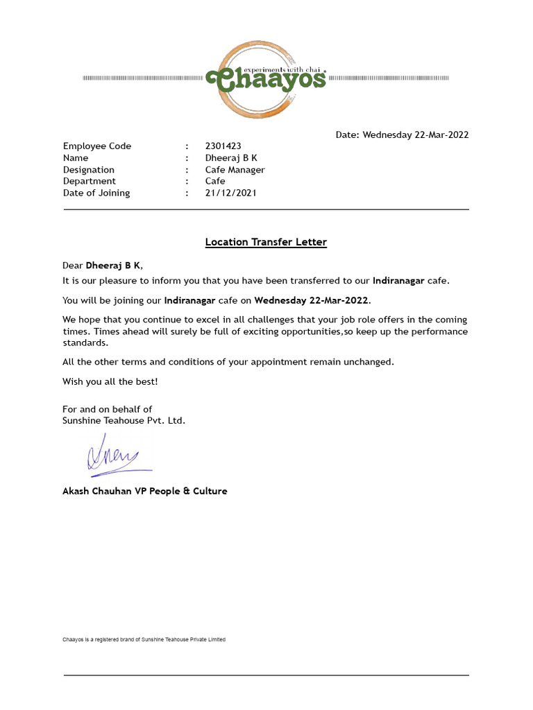 Location Transfer Letter-Dheeraj BK (Cafe Manager) | PDF