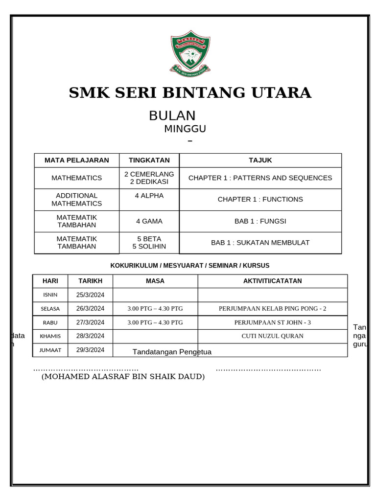 SMK Seri Bintang Utara: Bulan | PDF | Function (Mathematics) | Teachers