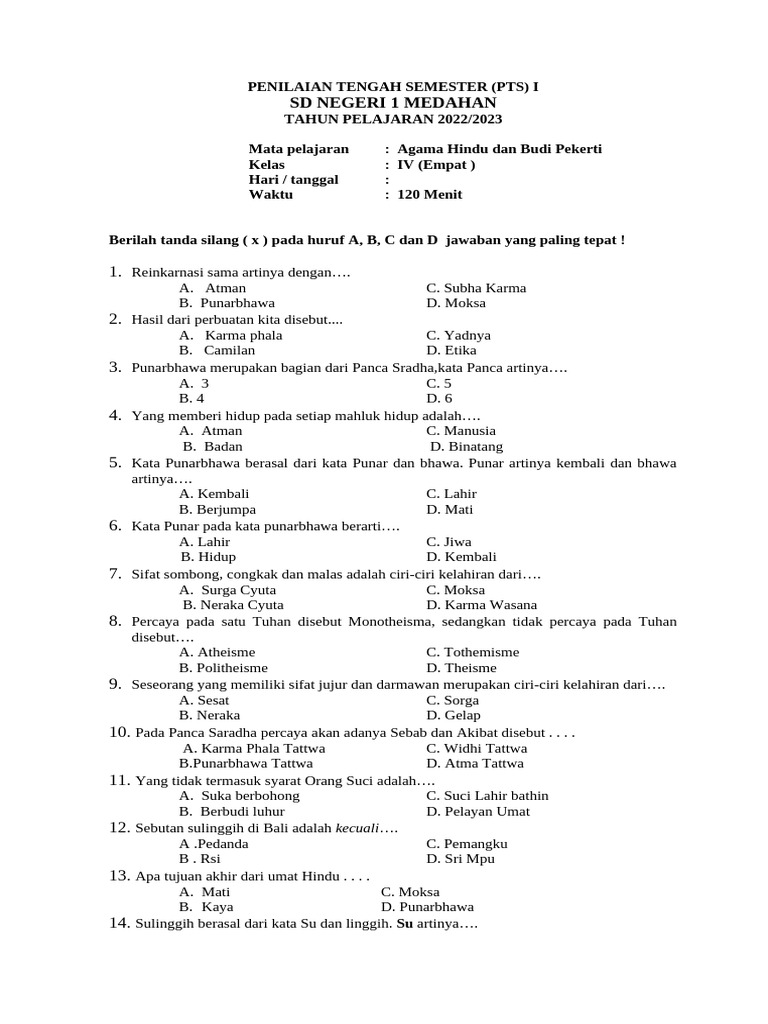 Soal PTS Agama Hindu Kelas IV Finish | PDF