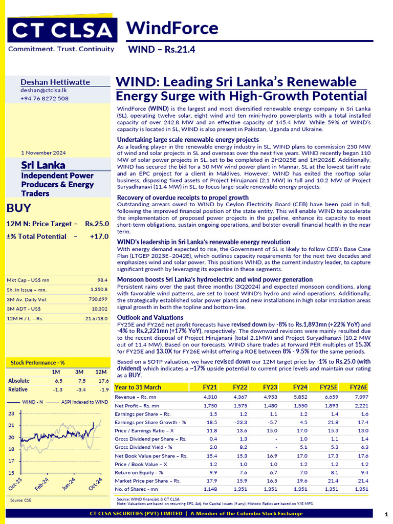 CT CLSA - WindForce PLC - Leading Sri Lanka's Renewable Energy Surge With High-Growth Potential ...