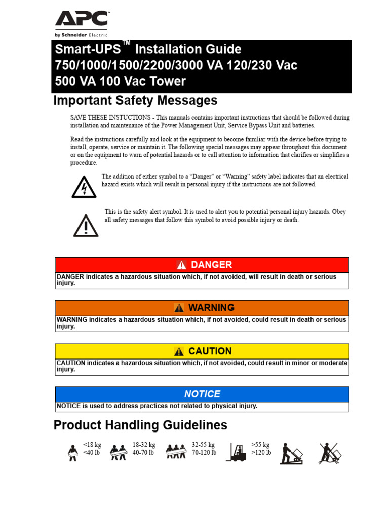 Important Safety Messages: Smart-UPS Installation Guide 750/1000/1500 ...