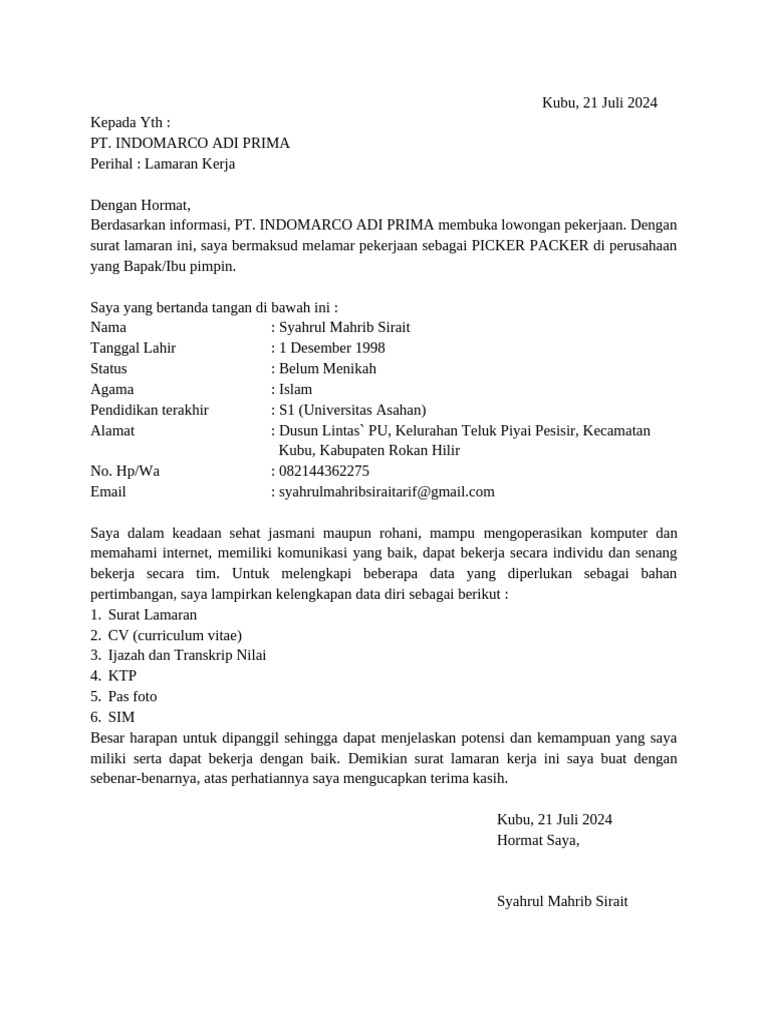 Lamaran Kerja sebagai Picker Packer | PDF