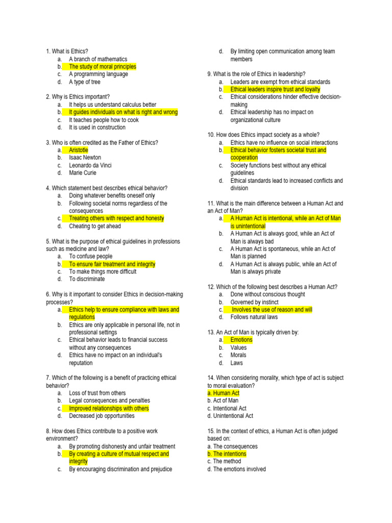 Ethics 150 Questions | PDF | Morality | Decision Making