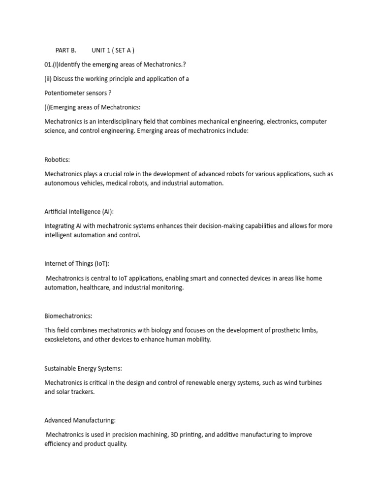 Mechatronics Unit 1 Part B and C | PDF | Mechatronics | Accuracy And Precision