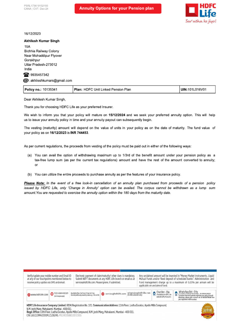 HDFC Life Annuity Options | PDF