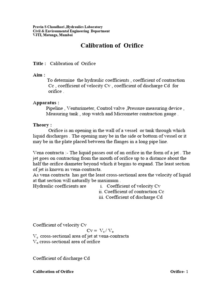 Calibration of Orifice Manual Fluid Mechanics | PDF | Liquids ...