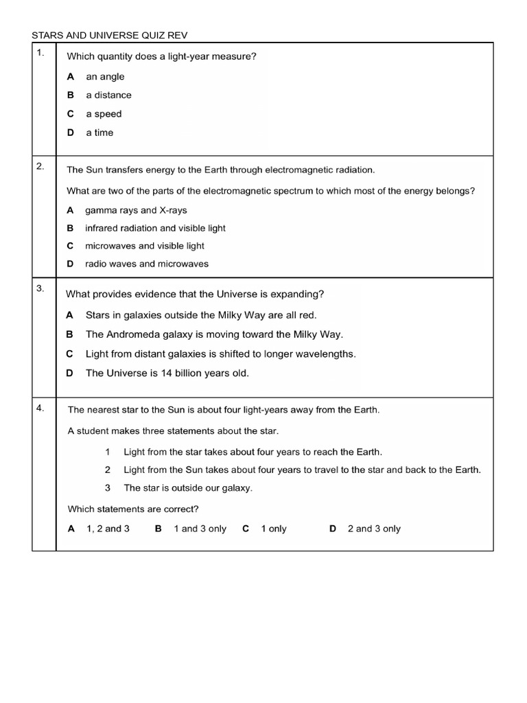Stars and Universe Quiz Rev | PDF | Travel | Technology & Engineering