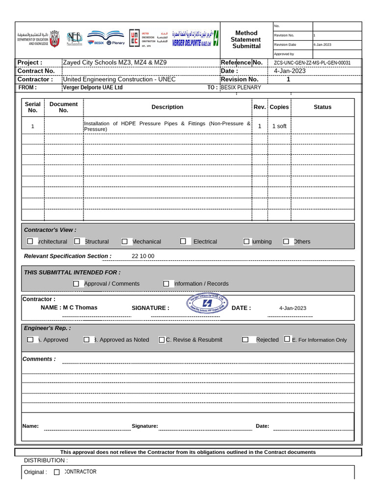Method Statement Submittal | PDF