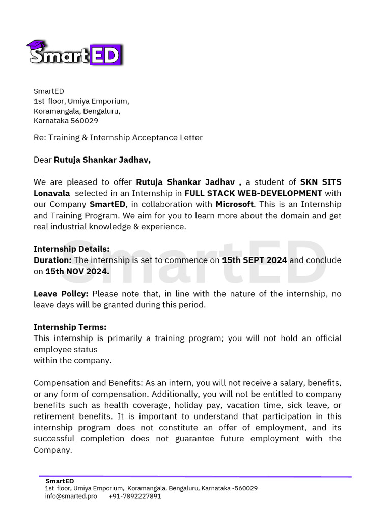 Training & Internship Acceptance Letter Rutuja | PDF | Internship | Job Hunting