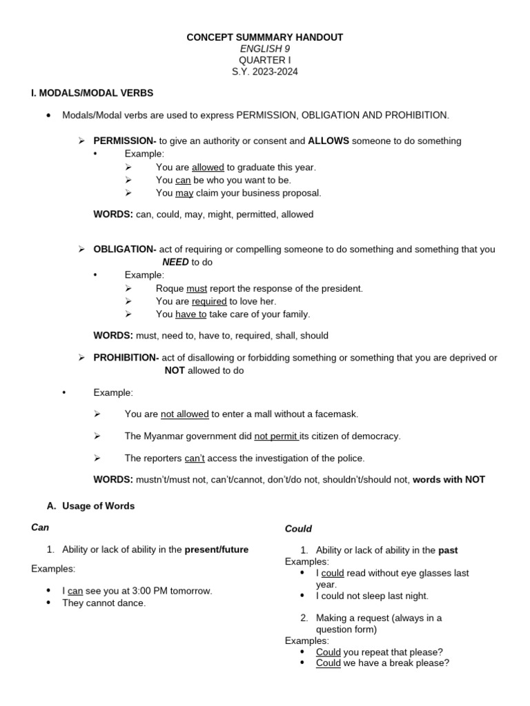 Concept Summmary Handout | PDF | Verb | Linguistic Typology