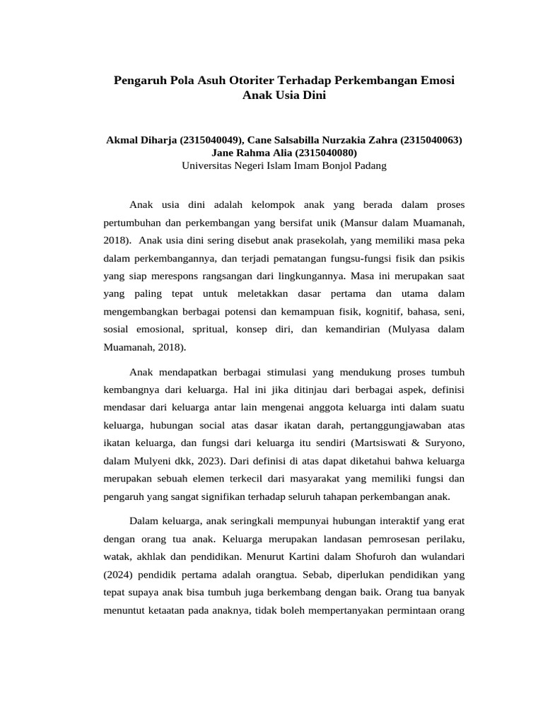 Pengaruh Pola Asuh Otoriter Terhadap Perkembangan Emosi Anak Usia Dini | PDF