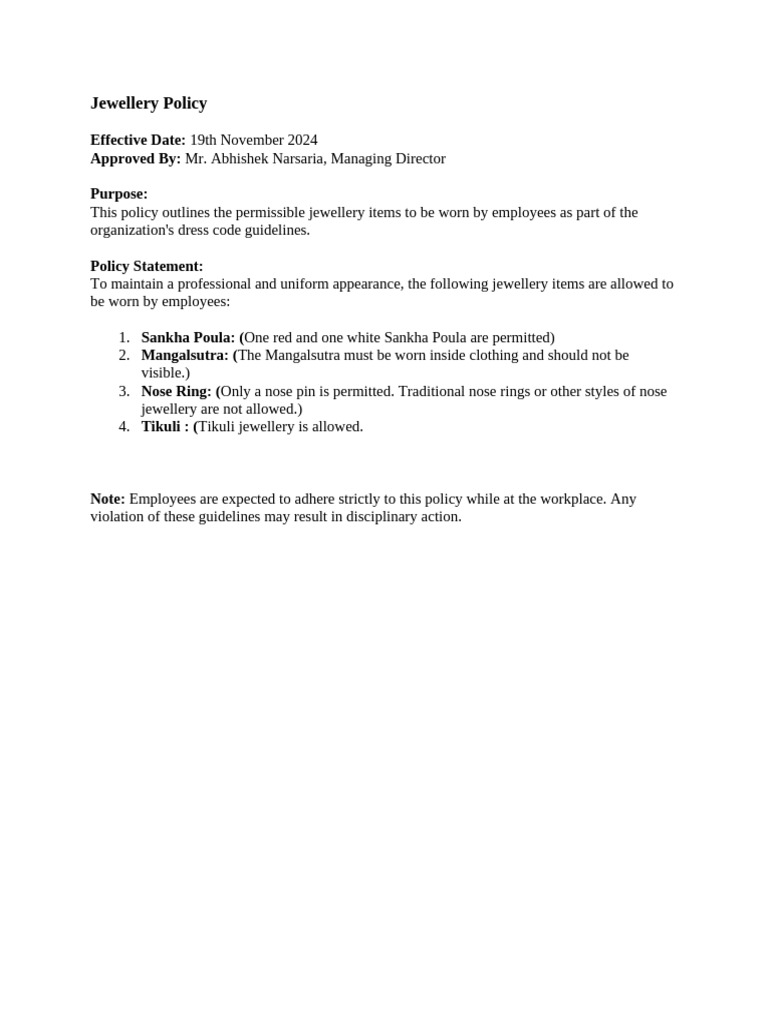 Workplace Jewellery Policy Guidelines | PDF | Business | Art