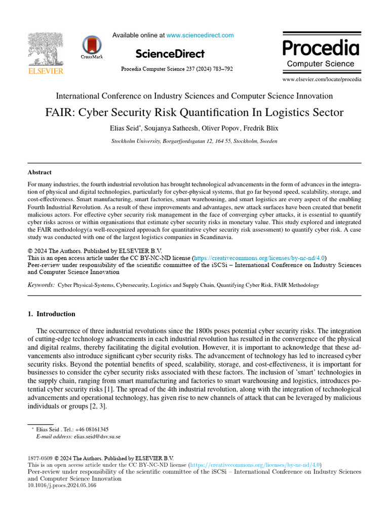 7.FAIR Cyber Security Risk Quantification in Logist - 2024 - Procedia ...