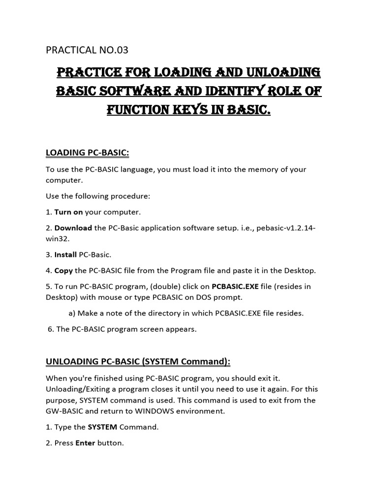 Practice For Loading and Unloading Basic Software and Identify Role of Function Keys in Basic. | PDF