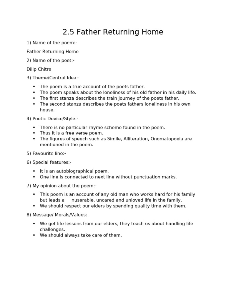 Appreciation of "Father Returning Home" | PDF | Art | Poetry