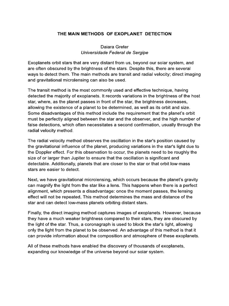 The Main Methods of Exoplanet Detection | PDF