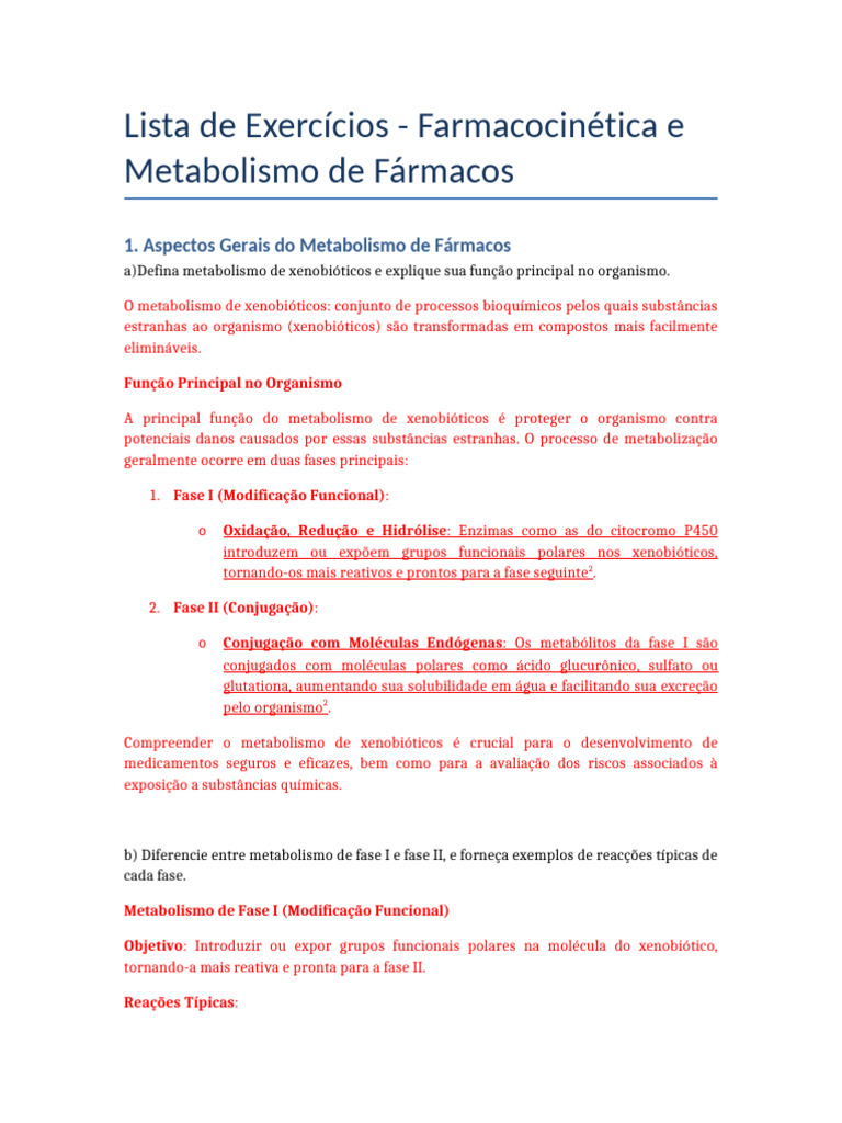 Lista de Exercicios Farmacocinetica Metabolismo-1 124530 | PDF ...