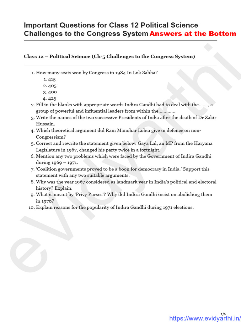 Class 12 Political Science II Chapter 5 Important Questions | PDF | Government | Politics Of India